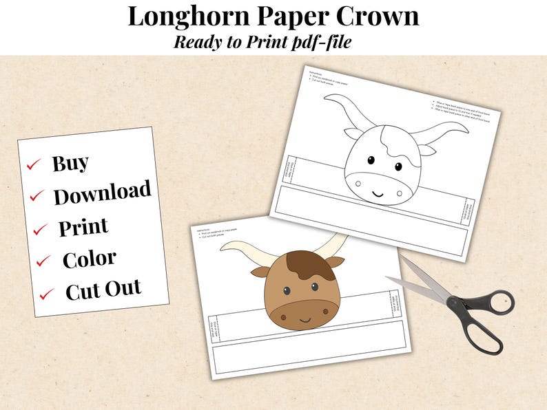 Longhorn Hat Paper Crown Craft, Coloring Cow Paper Craft, Wild West ...