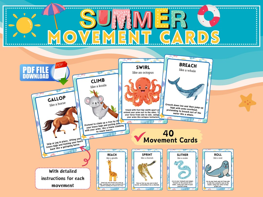 Summer Movement Cards, Animal Movement Cards, Toddler Flashcards ...