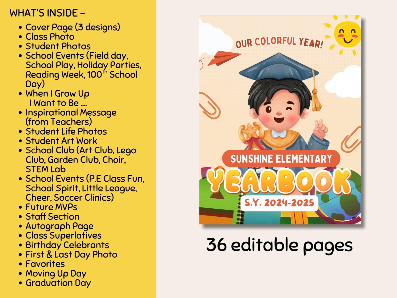 Elementary Yearbook Template, Editable Canva Yearbook, School Memory ...