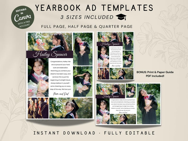Editable Senior Yearbook Ad Template, Full Half Quarter Page Graduation ...