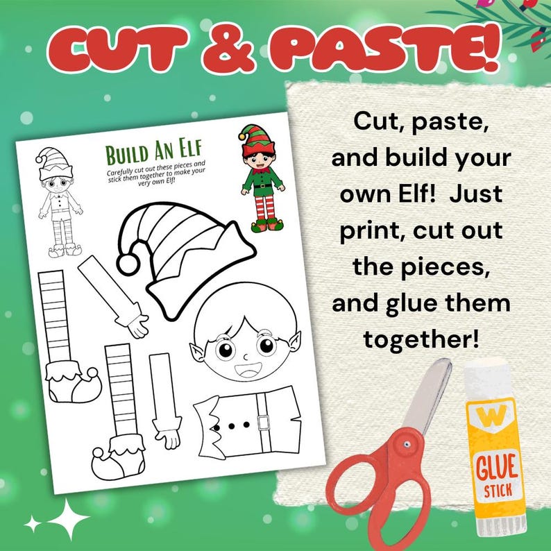 Build an Elf Printable Craft for Kids, Holiday Cut & Paste Activity ...