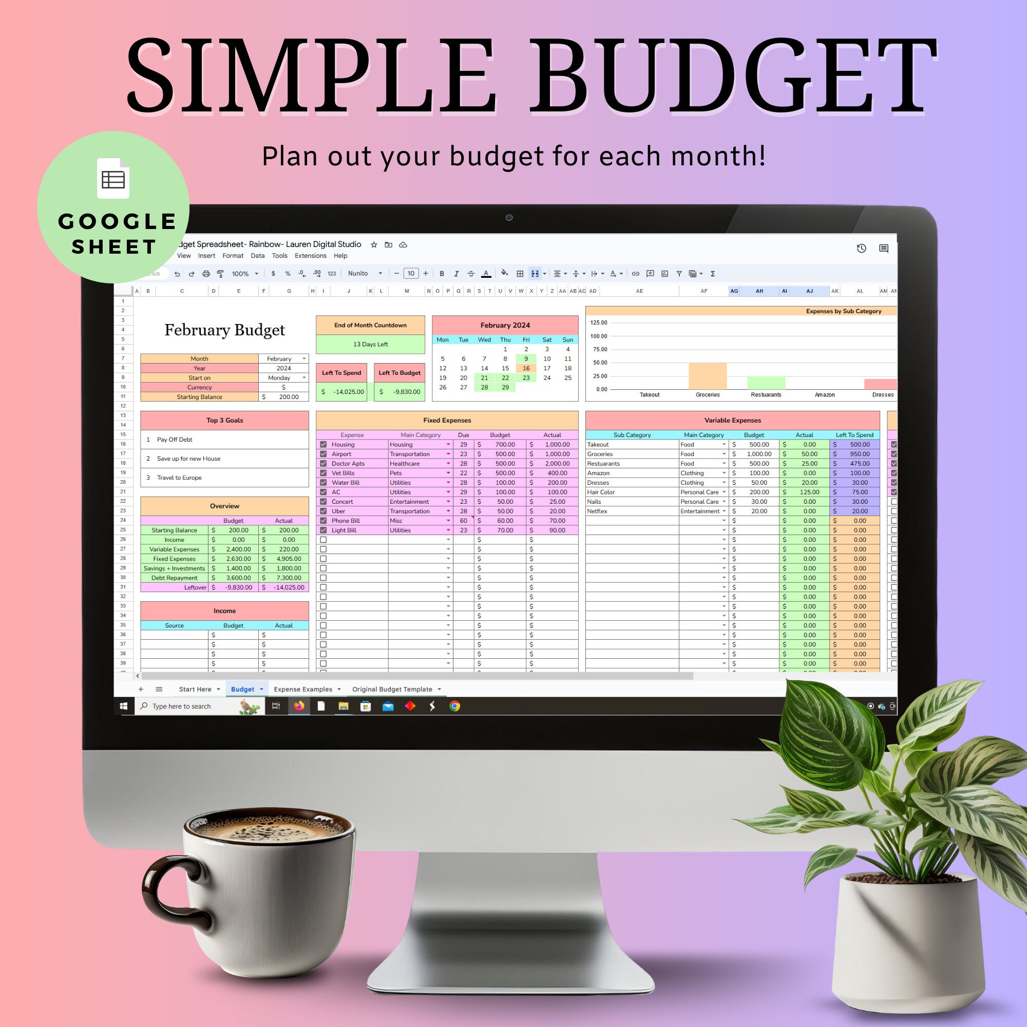 Simple Budget Spreadsheet Google Sheets, Budget Planner for Google ...