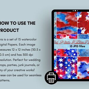 Patriotic Red White & Blue Watercolor Digital Paper, Independence Day ...