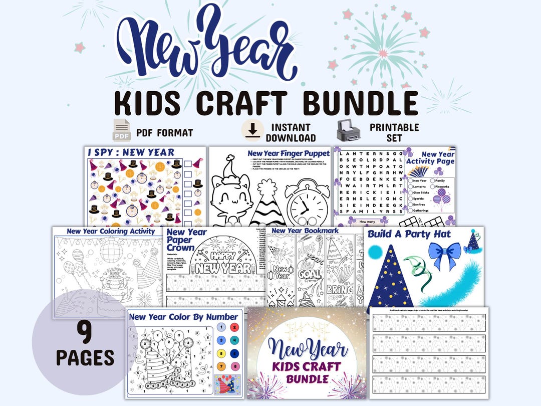 New Year Kids Craft Bundle With Coloring Pages, Paper Crown & Party Hat ...