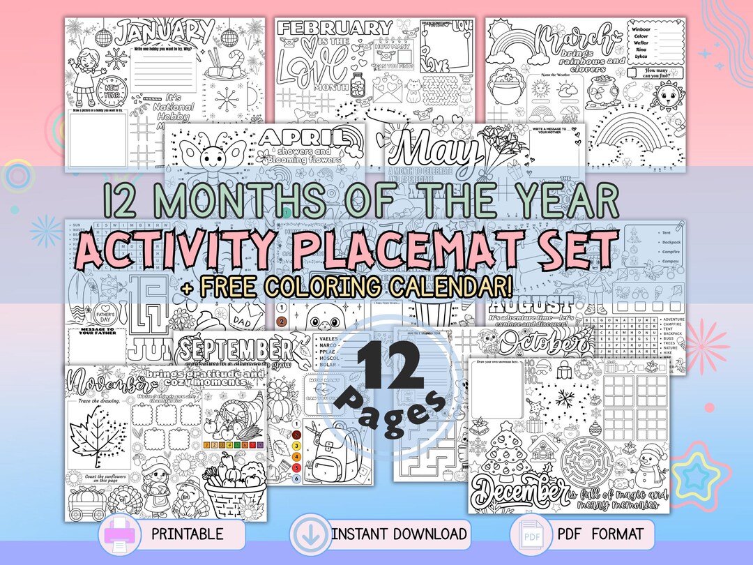 Kids 12-months of the Year Activity Placemat Bundle: With Learning ...