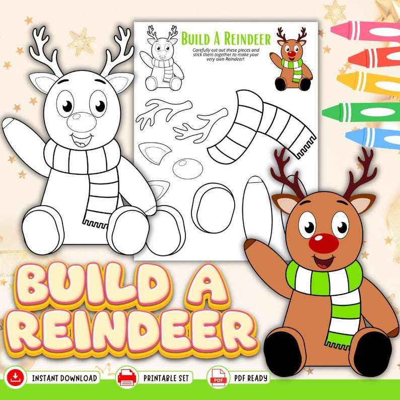 Build a Reindeer Printable Craft for Kids, Holiday Cut & Paste Activity ...