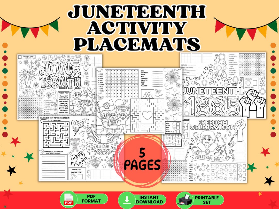 Juneteenth Activity Placemats for Kids, Kids Activity Sheets, Printable ...