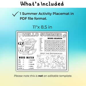 Kid's Summer Activity Placemat, Summer Coloring Page Craft, Summer ...