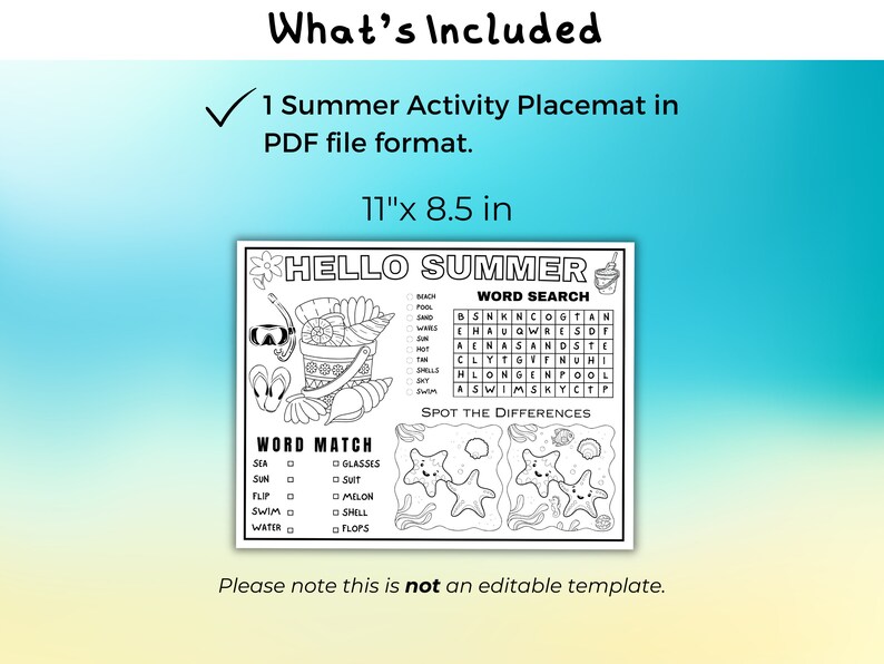 Kid's Summer Activity Placemat, Summer Coloring Page Craft, Summer ...