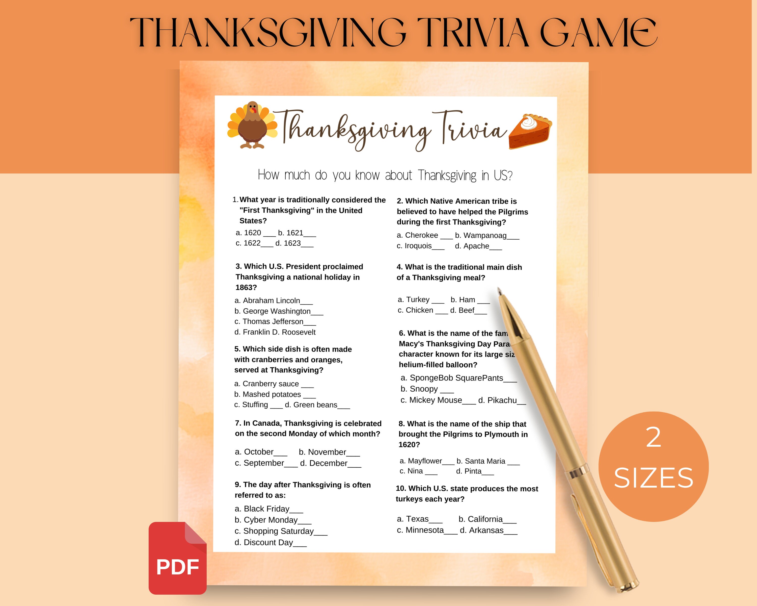 Thanksgiving Trivia Game Printable, Thanksgiving Party Game ...