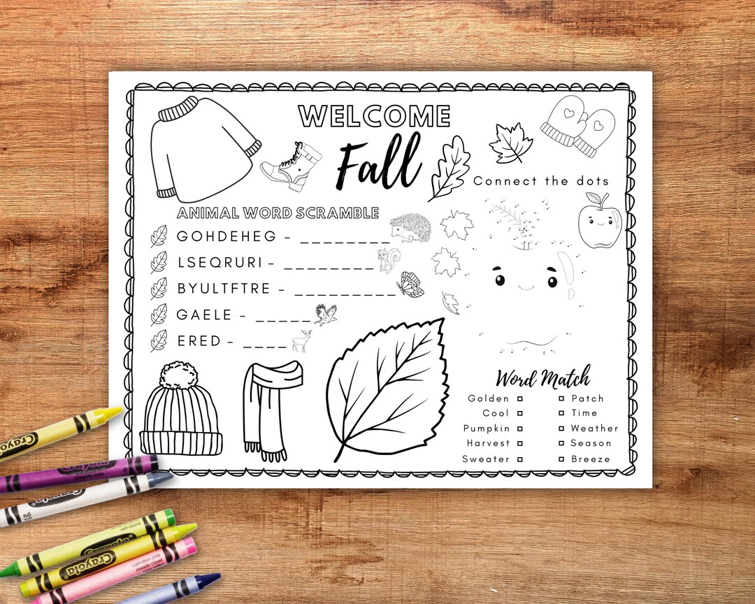 Fall Activity Placemat, Printable Fall Coloring Placemat, Fall Activity ...