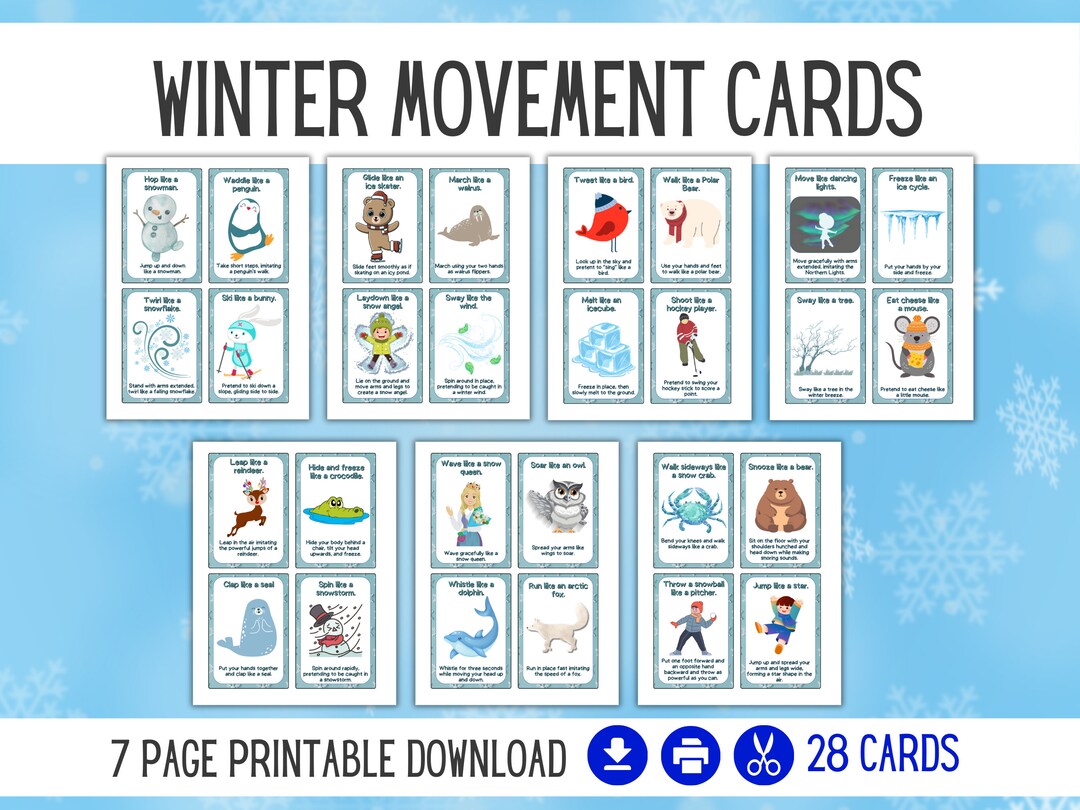 Winter Movement Cards, Printable Action Flashcards, Winter Flash Cards ...