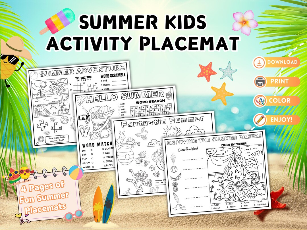 Summer Activity Placemats for Kids, Printable Coloring Placemats, Kids ...