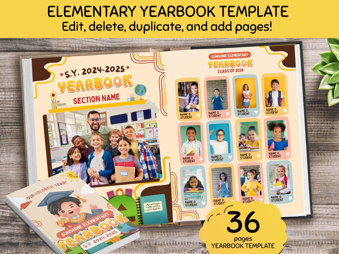 Elementary Yearbook Template, Editable Canva Yearbook, School Memory ...