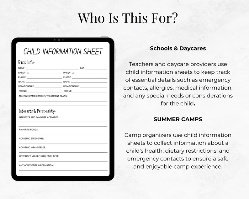 Child Information Form, New Babysitter Info Sheet, Childcare Info Sheet ...