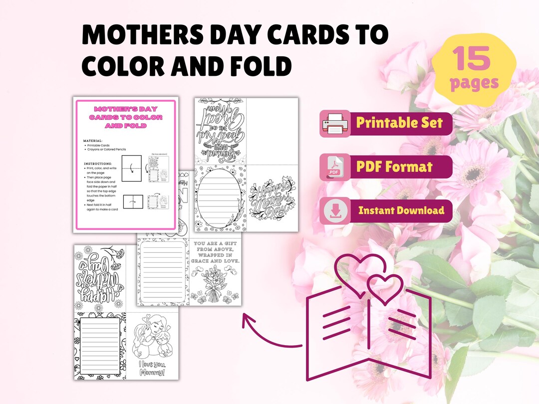 Mother's Day Cards, Mom Printable Card, Cards to Color & Fold, Mother's ...