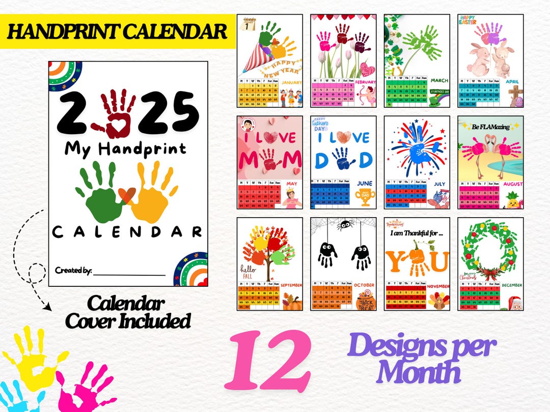 2025 Handprint Memory Book, Printable Monthly Handprint Crafts, 12 ...