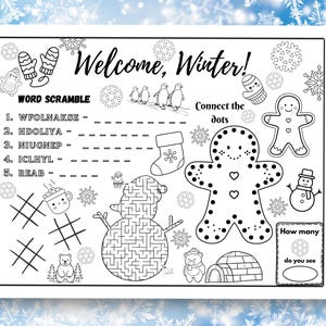Winter Activity Placemat, Printable Winter Coloring Page Craft, Welcome ...