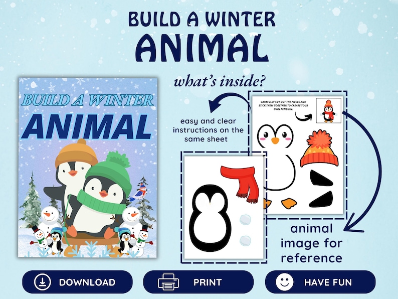 Printable Winter Animal Craft Set, Build a Penguin, Owl, Reindeer ...