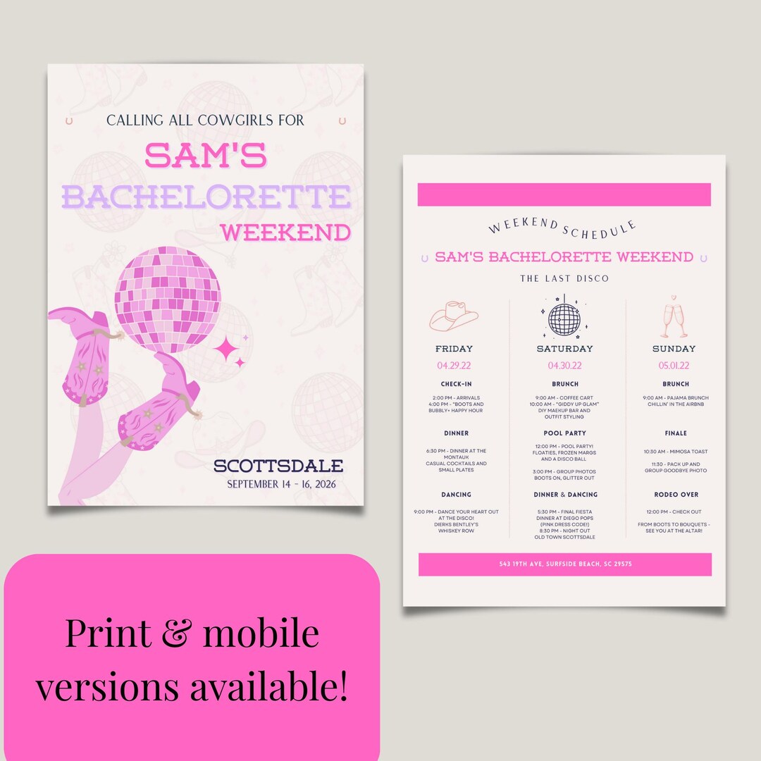 Disco Cowgirl Bachelorette Itinerary Template | Editable Canva Schedule ...