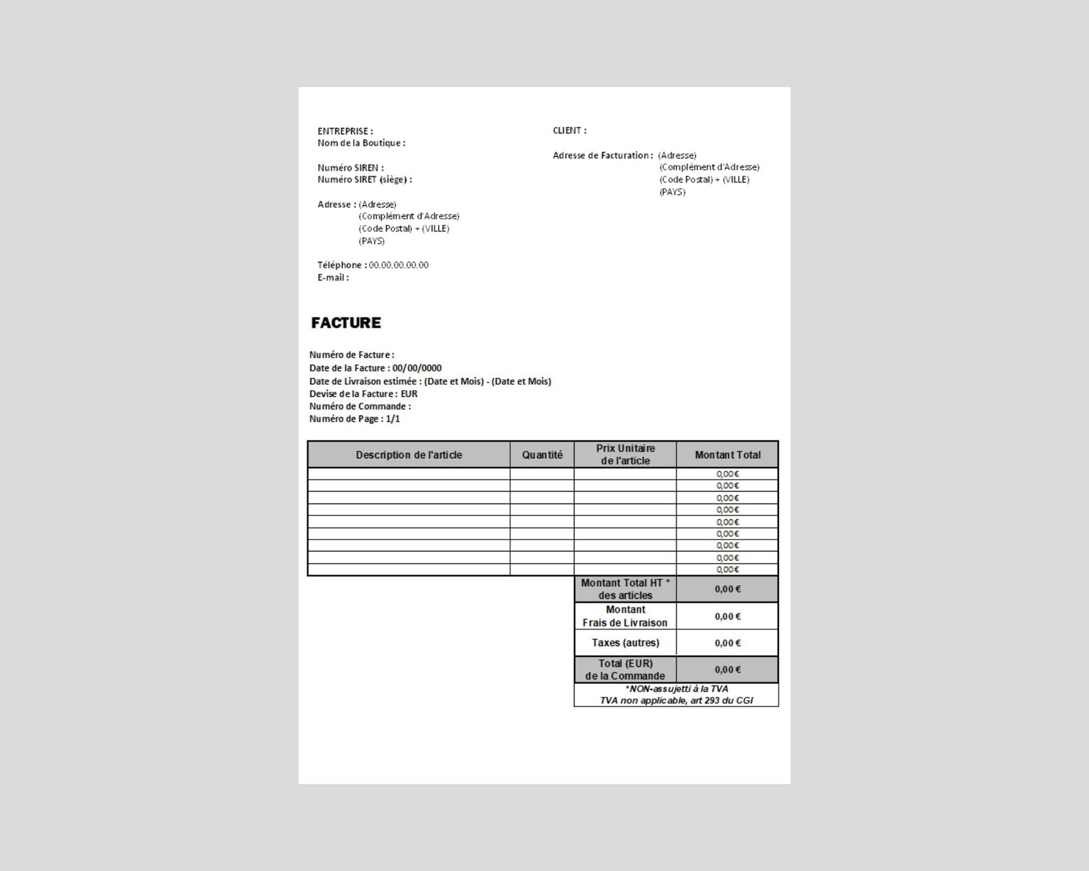 Excel Commercial Invoice Template, Self-employed, Form in French ...