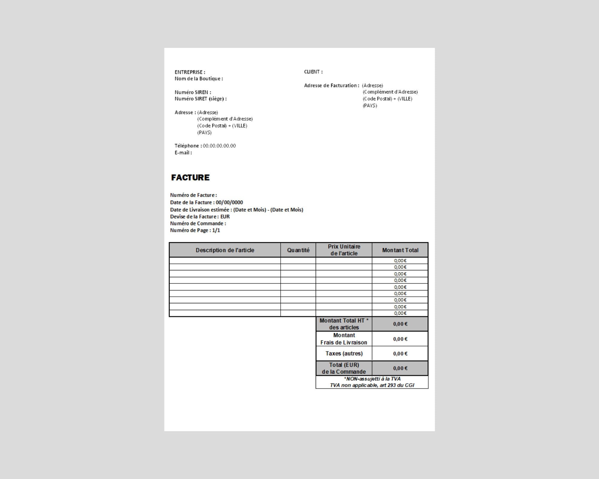 Excel Commercial Invoice Template, Self-employed, Form in French ...