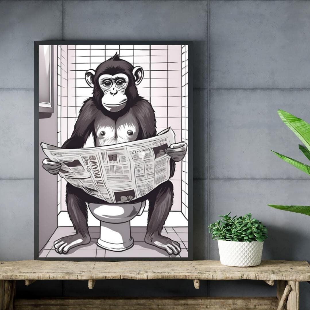 TOILET Digital Poster - Chimpanzee Reading the Newspaper in the Toilet ...