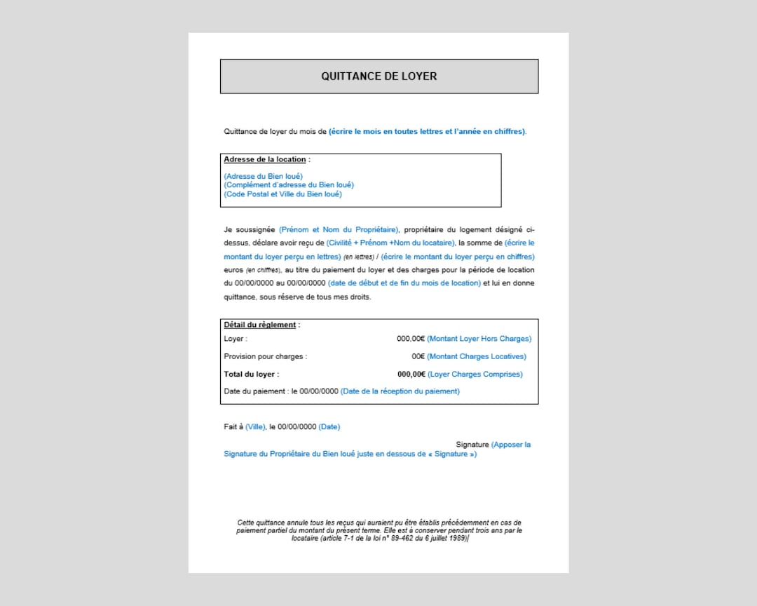 Modèle Quittance de Loyer/Reçu sur Word en Français - Etsy France