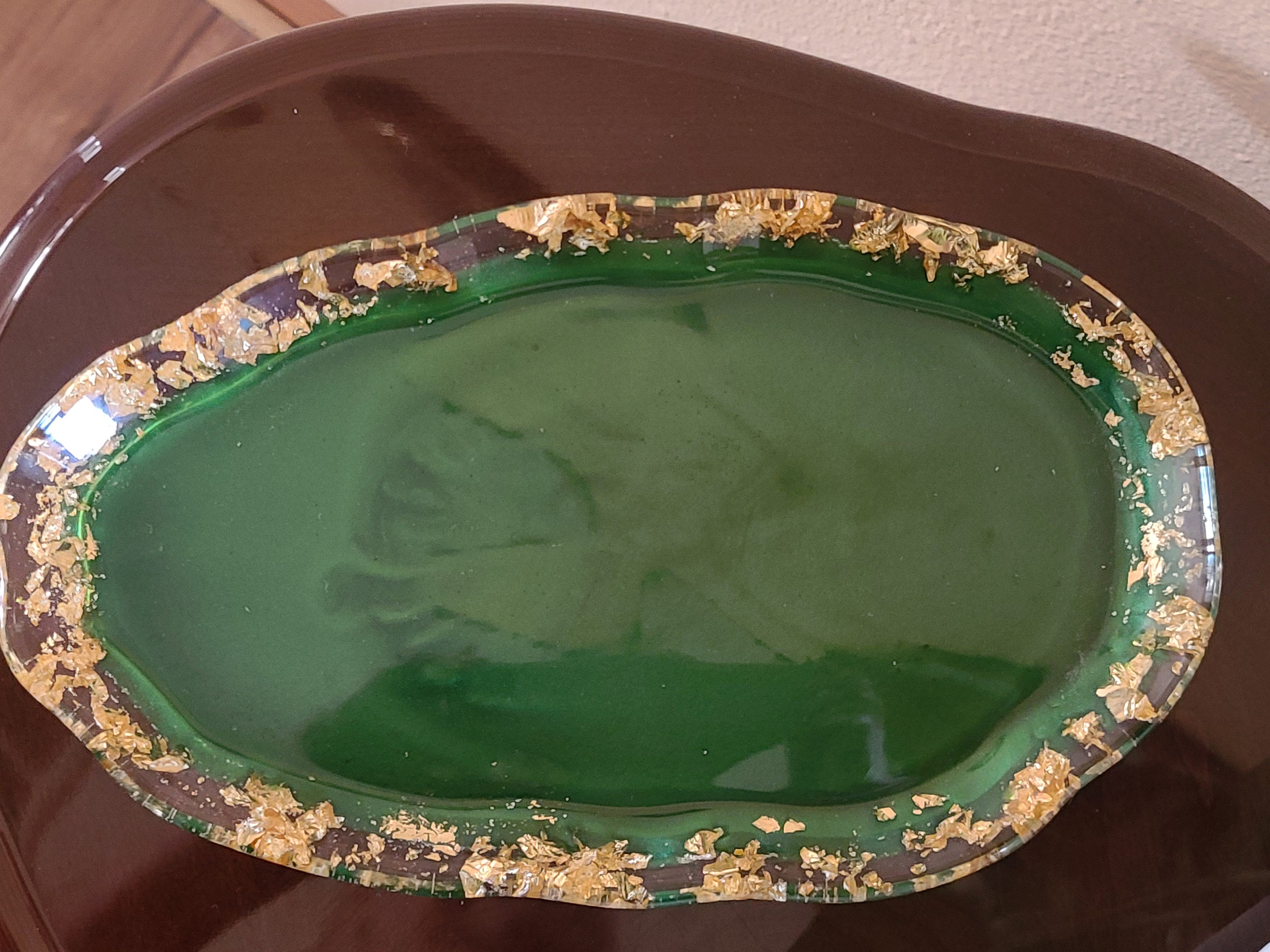 Handmade Jade Green and Gold Leaf Tray, Resin Tray, Jewelry Tray, Resin ...