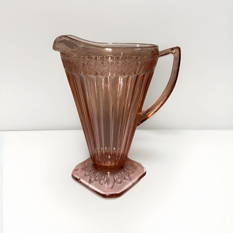 Vintage Pink Depression Glass Square Base Ribbed Pitcher Mid Century 8 ...