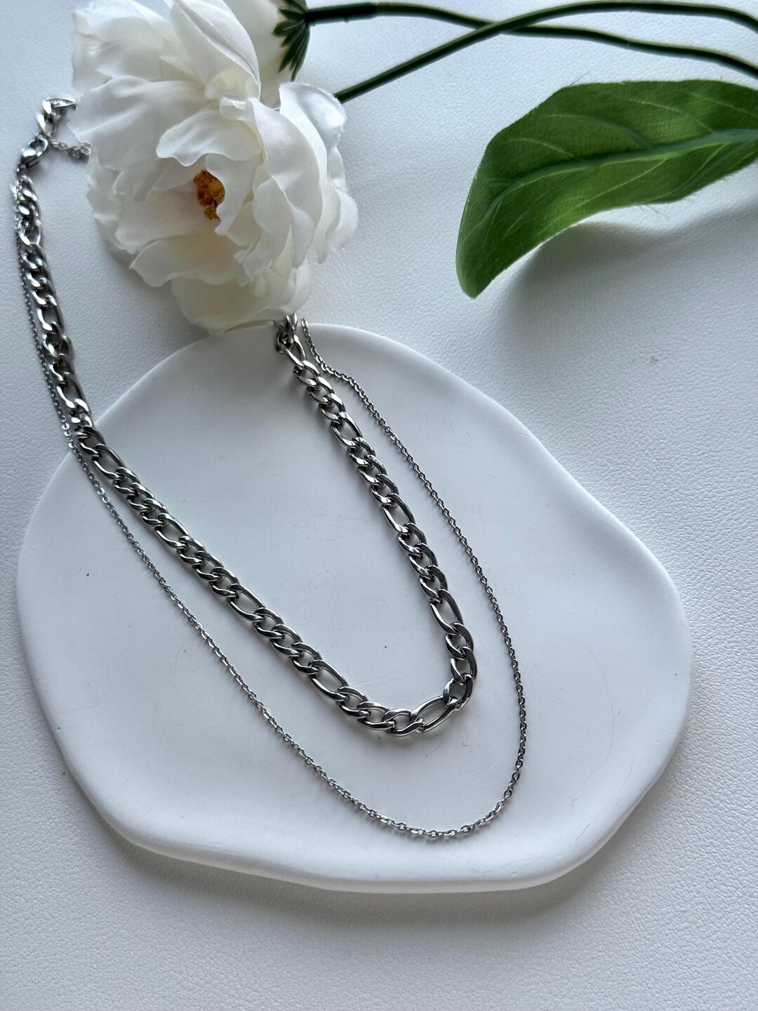 Layered Silver Chain Necklace, Stainless Steel Double Strand Choker - Etsy