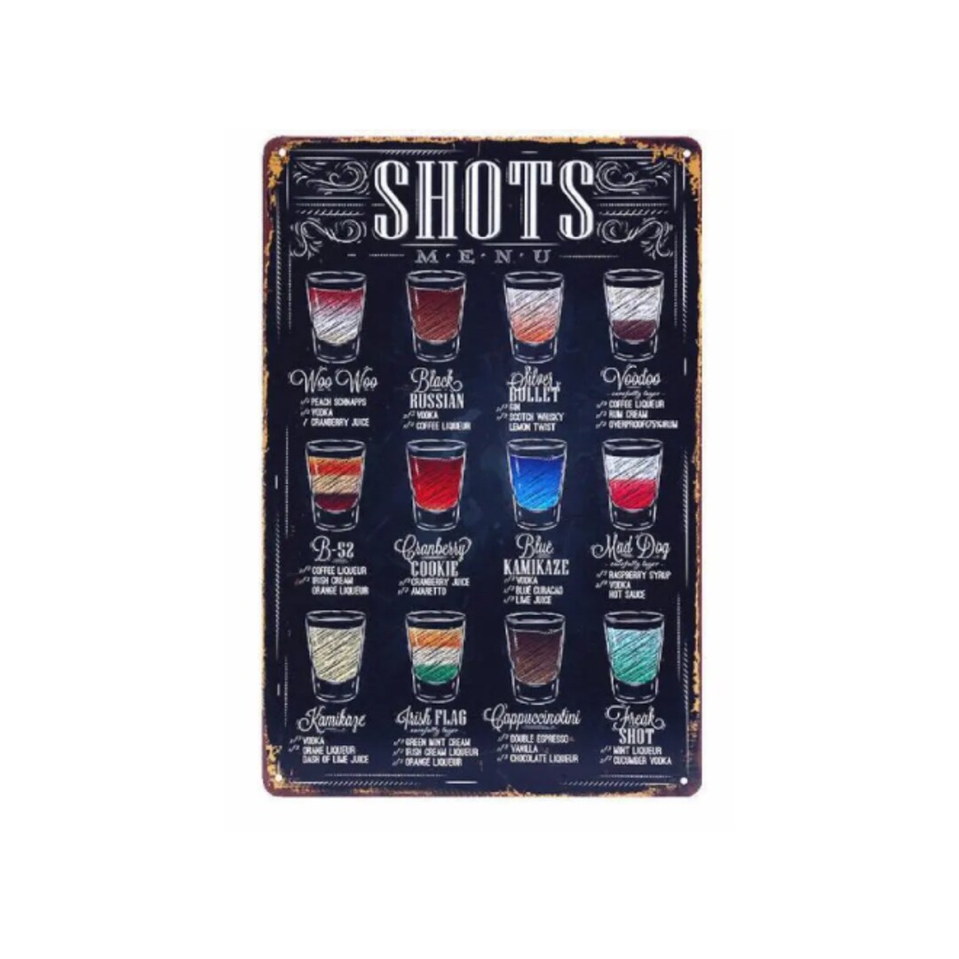 Shots Menu Bar Recipe Sign Retro Pub Wall Art Metal Tin Sign Decor - Etsy