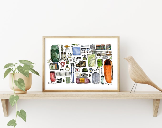 Backpacking Essentials | Hiking and Camping Gear | Giclee Art Print of ...
