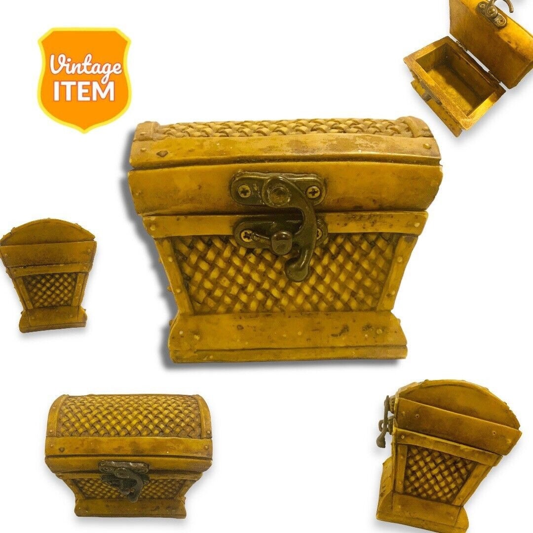 Vintage Trinket Box Basket Weave Treasure Chest Design Iron Lock Hard ...