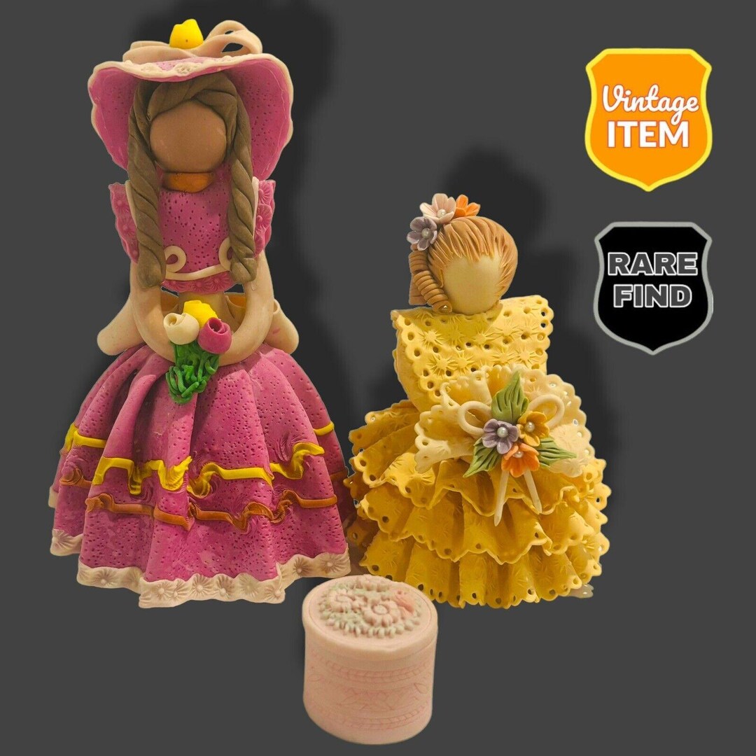 Vintage Faceless Girls in Victorian Era Pink & Yellow Dresses ...