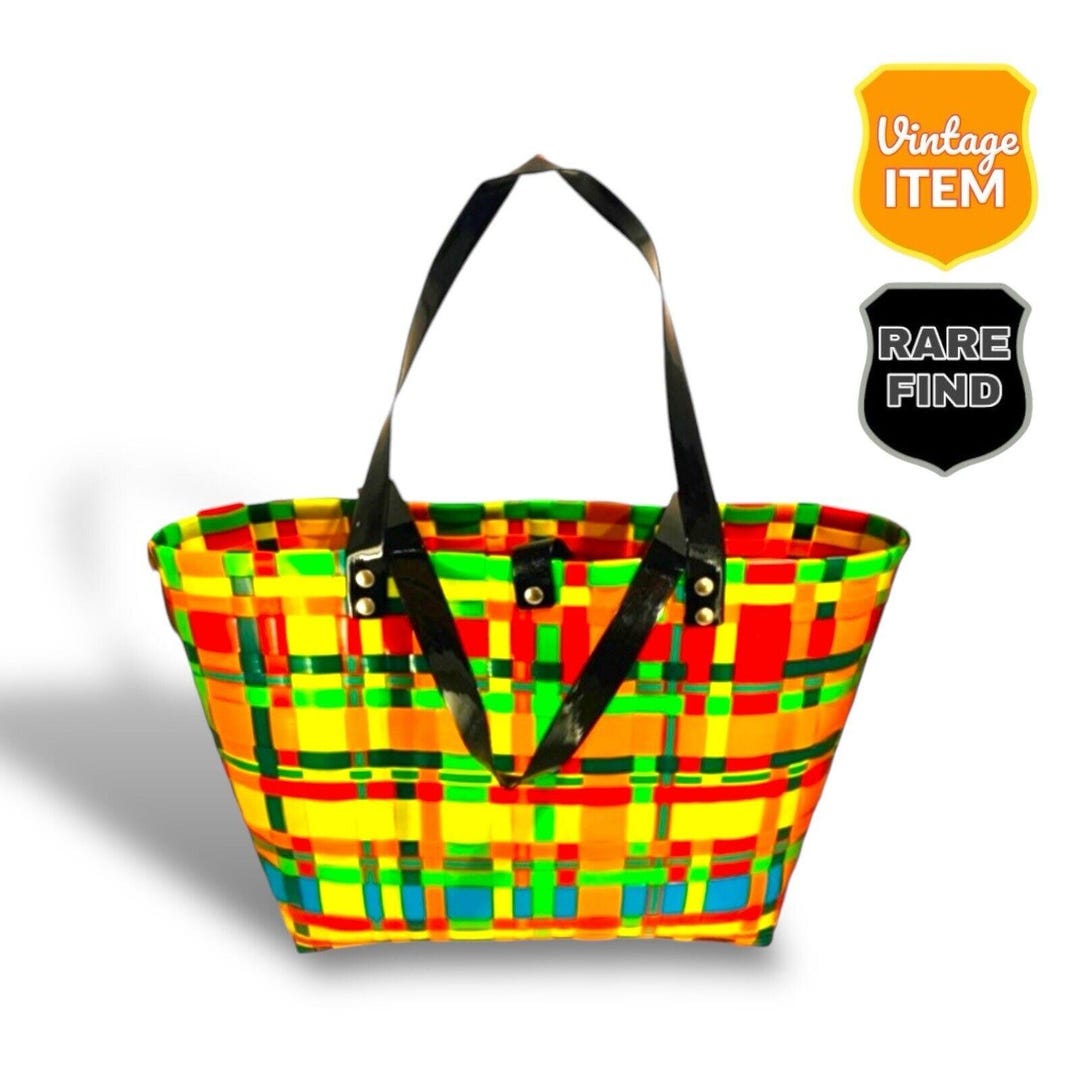 Vintage XL Multi Colored Basket Weave Plastic Tote Bag. RARE Find! - Etsy