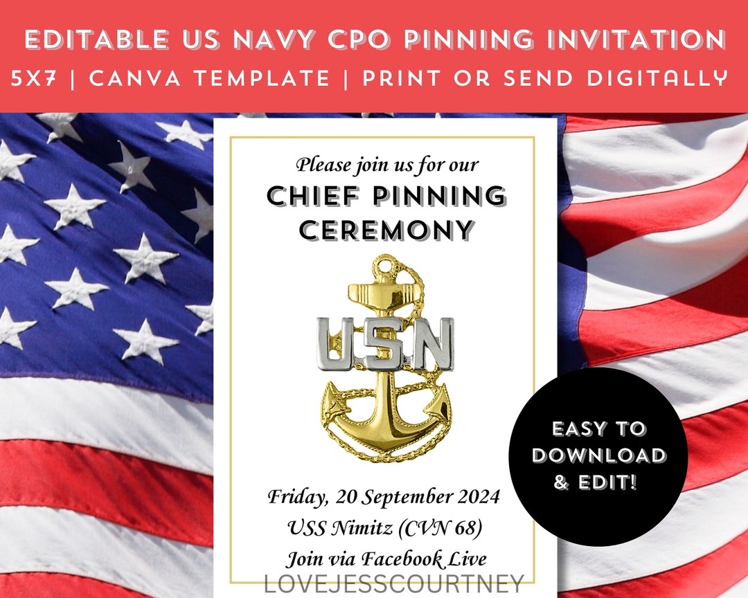 Editable U.S. Navy Chief Pinning Ceremony Invitation Template 5x7 Canva ...