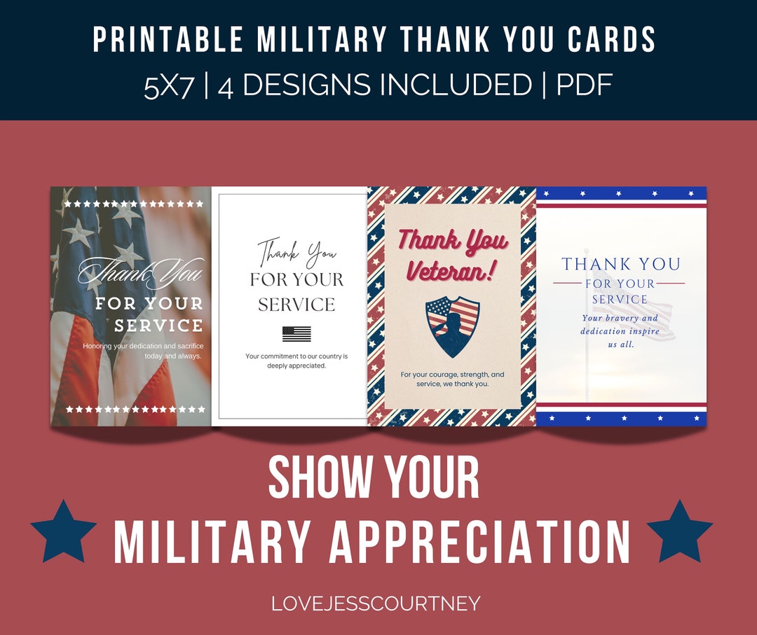 Printable Military Thank You Cards Set of 4 Digital 5x7 Veteran ...