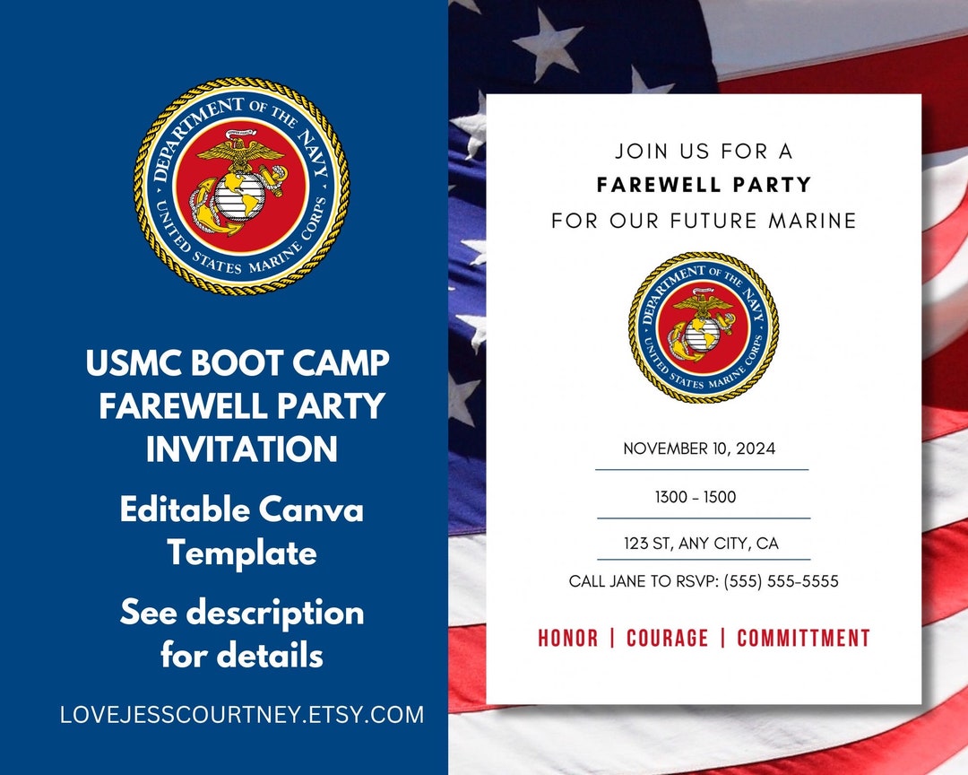 Editable 5x7 U.S. Marine Corps Bootcamp Farewell Party Invitation Canva ...