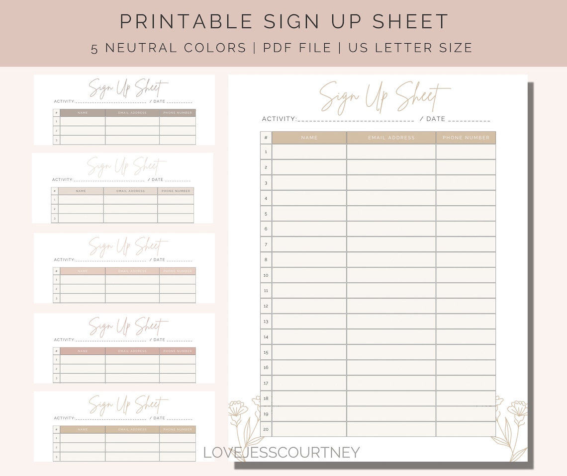 Printable Sign up Sheet, Neutral Sign up Sheet, Minimalist Sign up ...
