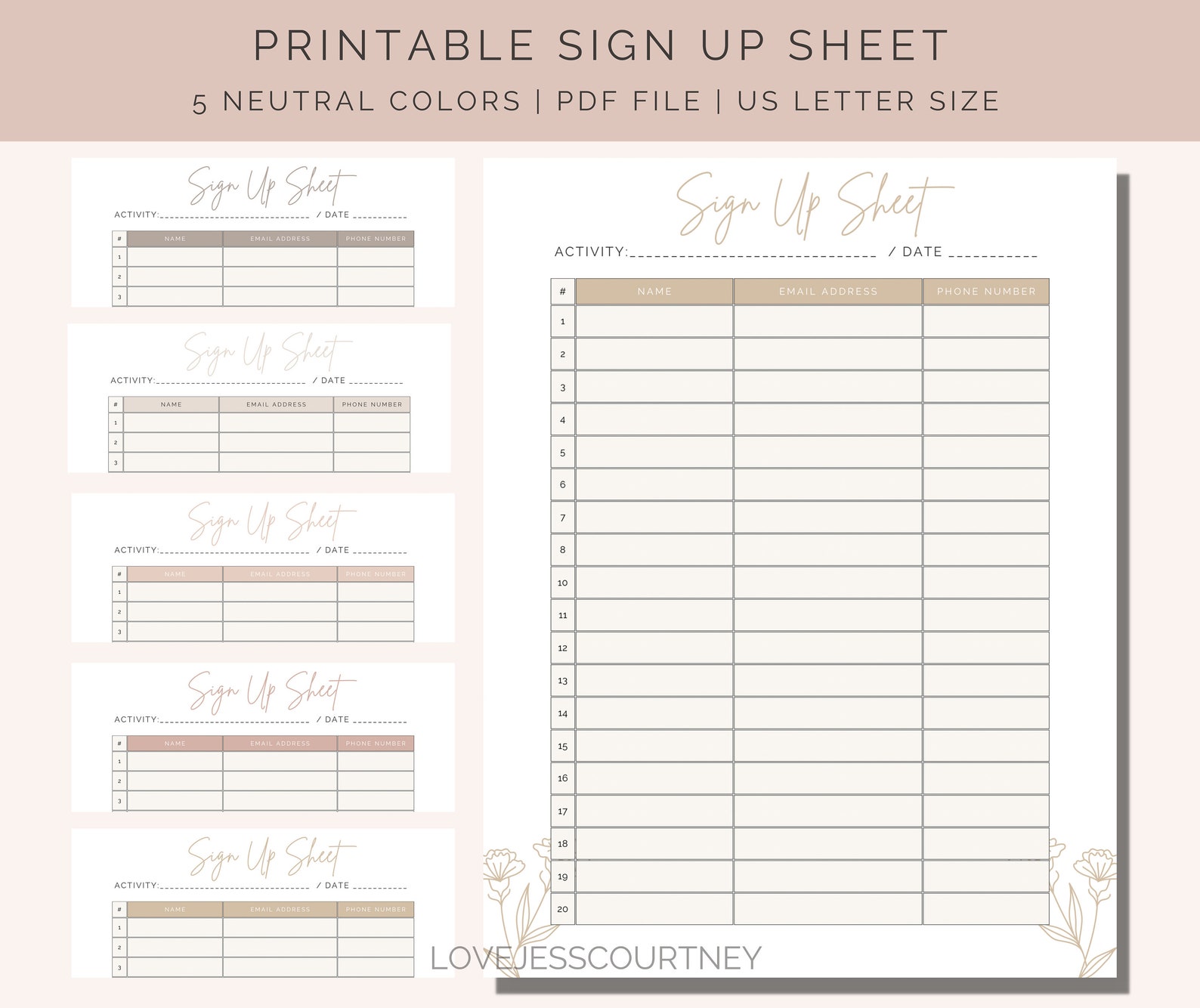 Printable Sign up Sheet, Neutral Sign up Sheet, Minimalist Sign up ...