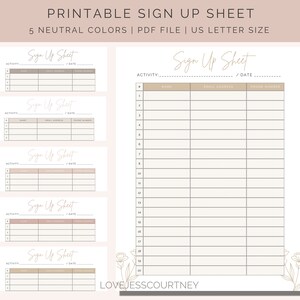 Printable Sign up Sheet, Neutral Sign up Sheet, Minimalist Sign up ...