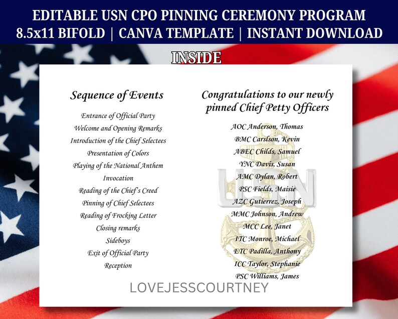 Editable U.S. Navy Chief Petty Officer Pinning Ceremony Program ...