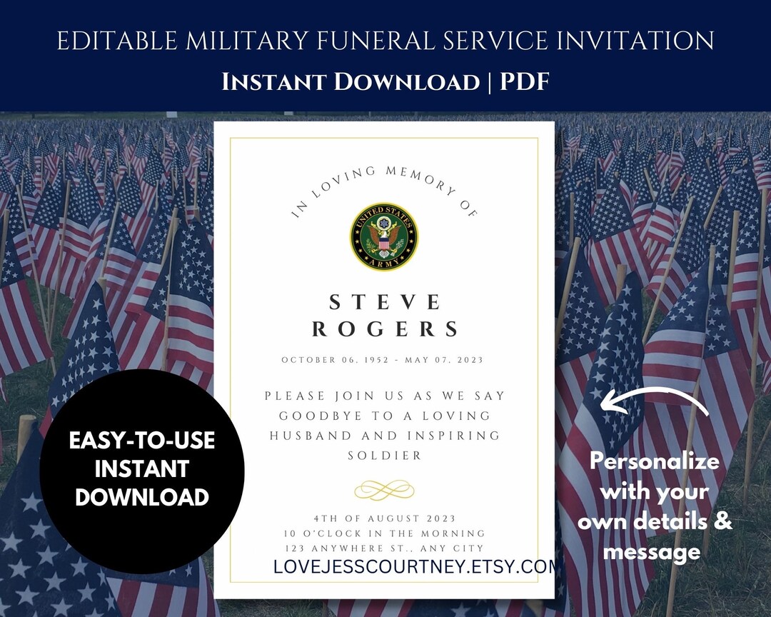 Editable Military Funeral Service Invitation Memorial Service Invite ...