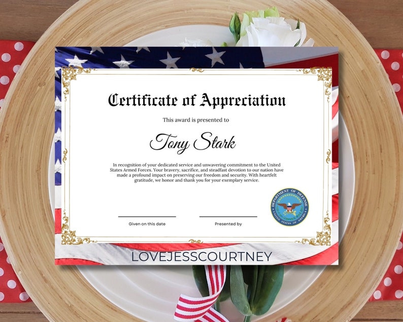 Editable Veteran Appreciation Certificate Canva Template 8.5x11 ...