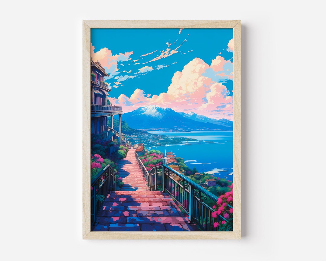 Dreamy Ocean Side Painting, Original Print, Vintage Cliffside Seaview ...