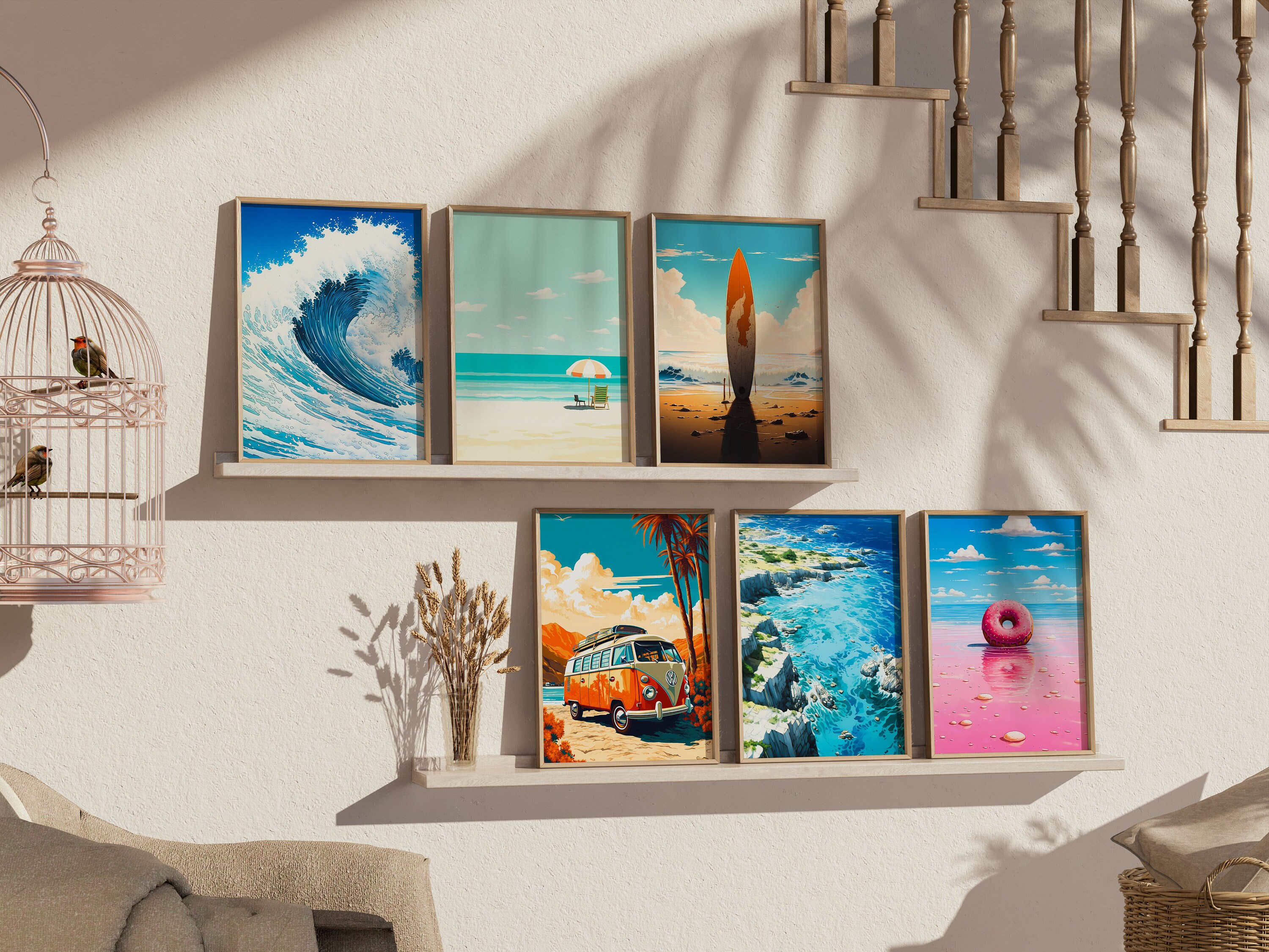 Set of 6 Anime Beach Art Set, Anime Boho Beach Decor, Summer Beach ...