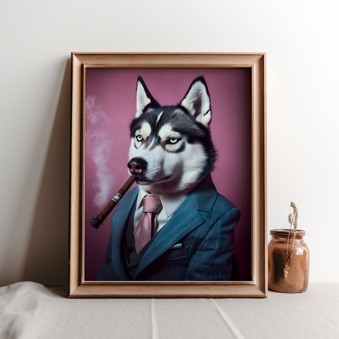 Siberian Husky in Suit Smoking a Cigar, Funny Animal Print, Digital Art ...