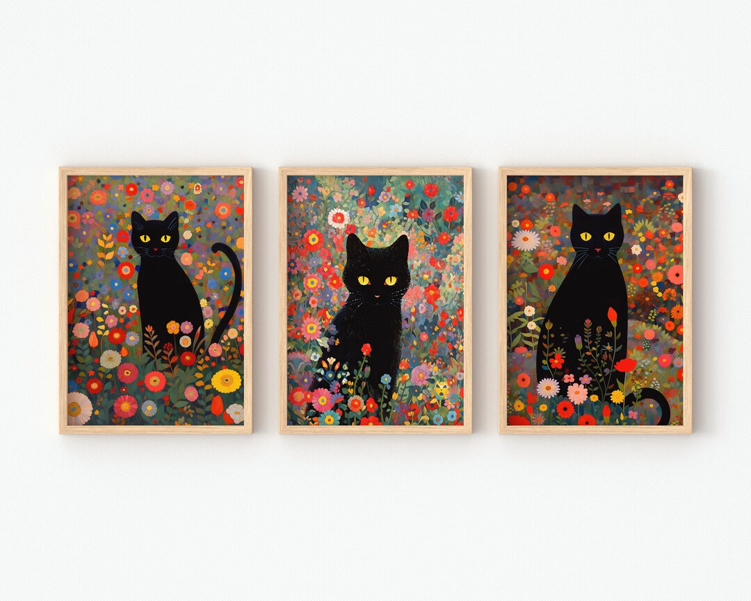 Black Cat Garden Print, Klimt Floral Cat Poster, Set of 3 Cat Prints ...