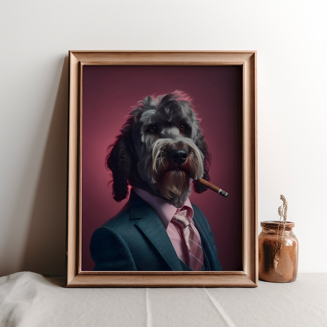 Labradoodle in a Dark Gray Suit Smoking a Cigar, Funny Animal Print ...